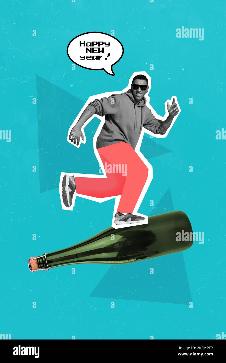 Vertical Creative Photo Collage Of Cheerful Good Mood Guy Run On