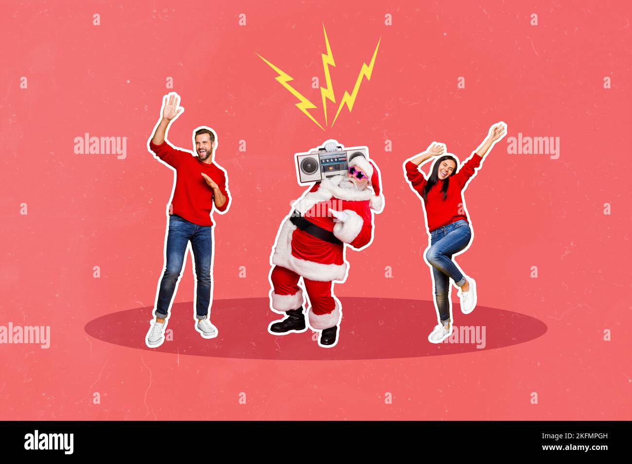 Creative photo collage of satisfied cheerful girl guy dancing at ...