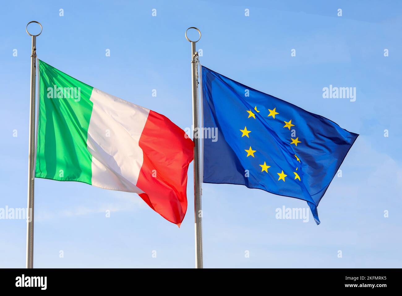Two large waving flags of ITALY and EUROPEAN UNION Stock Photo - Alamy