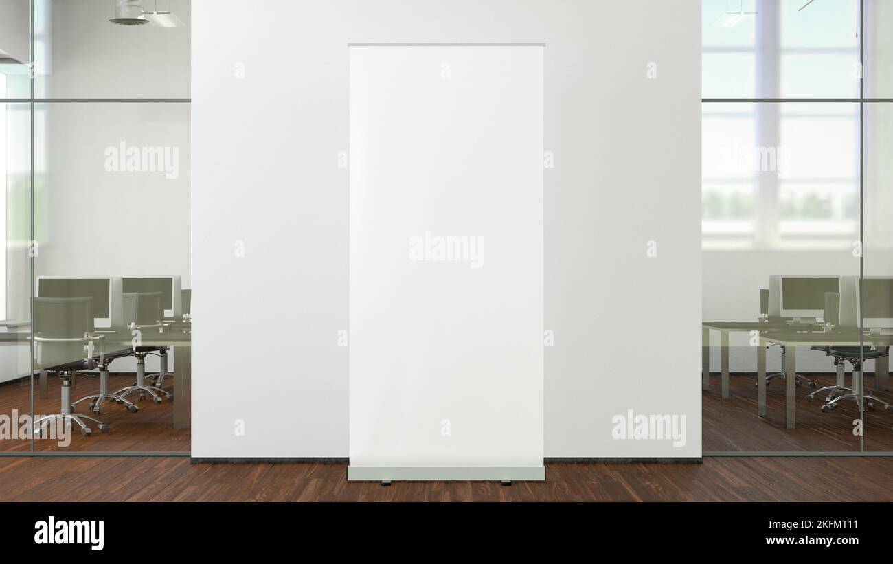 Blank roll up banner stand mock up in modern office Stock Photo - Alamy
