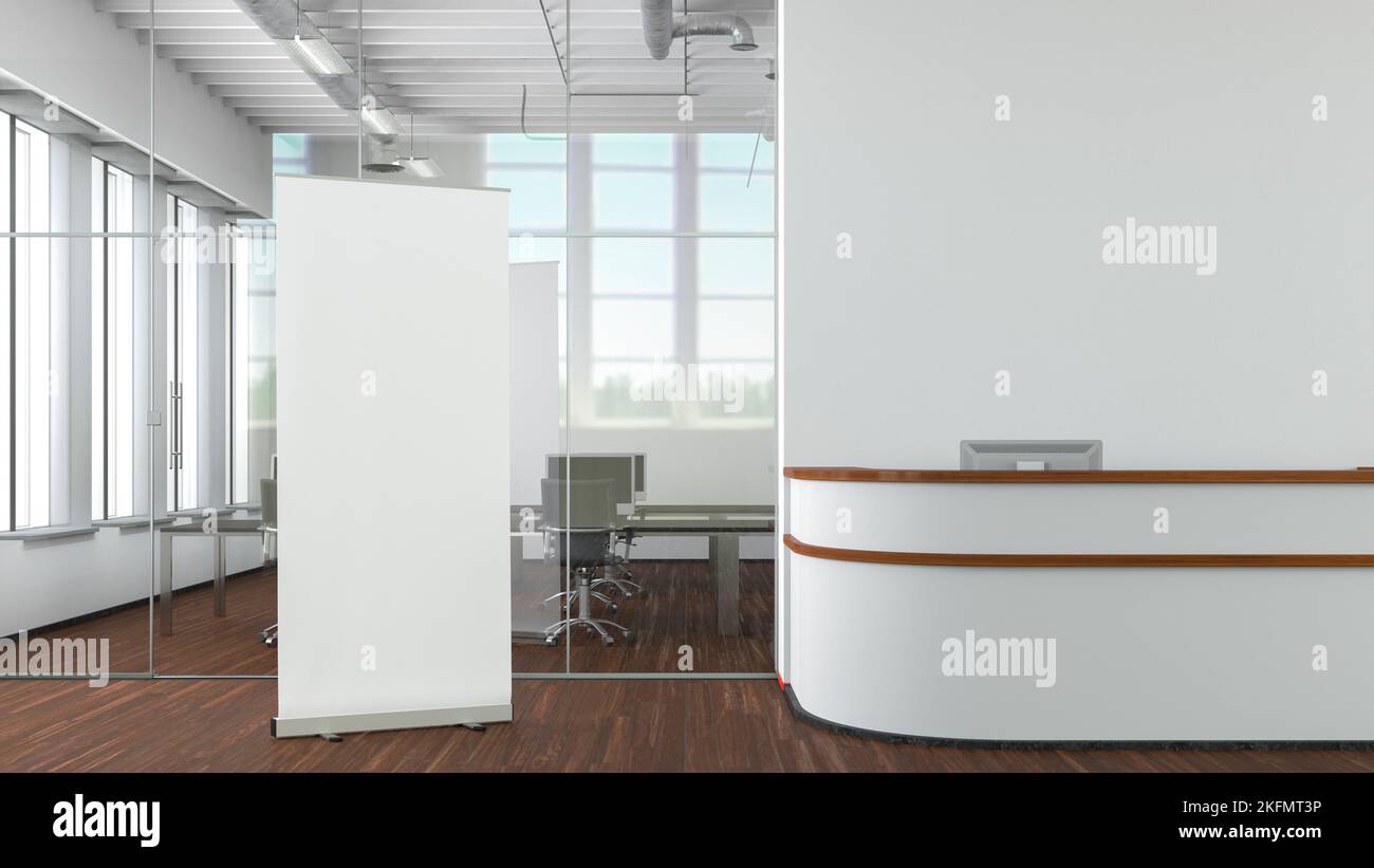 Blank roll up banner stand mock up in modern office with office ...