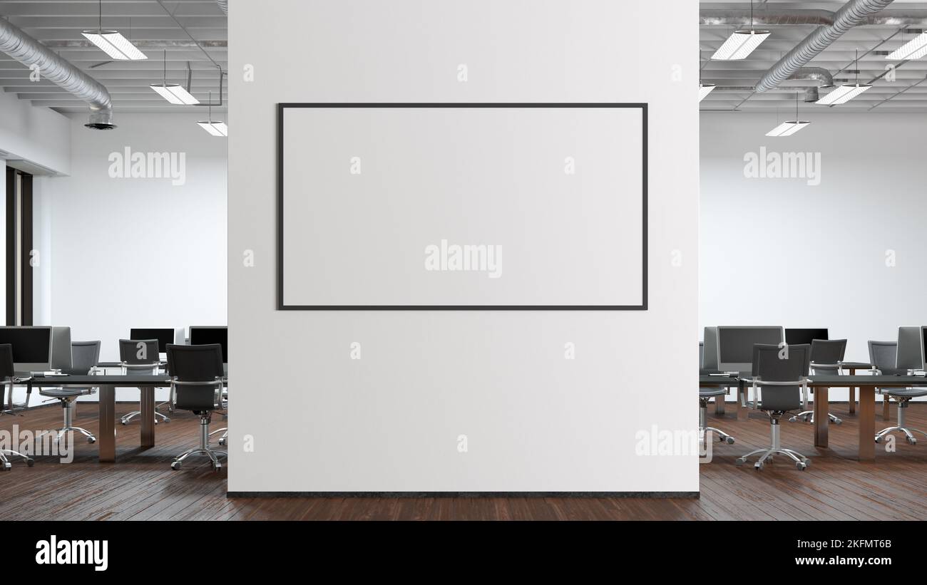 Blank horizontal poster mock up on the wall of modern office interior ...
