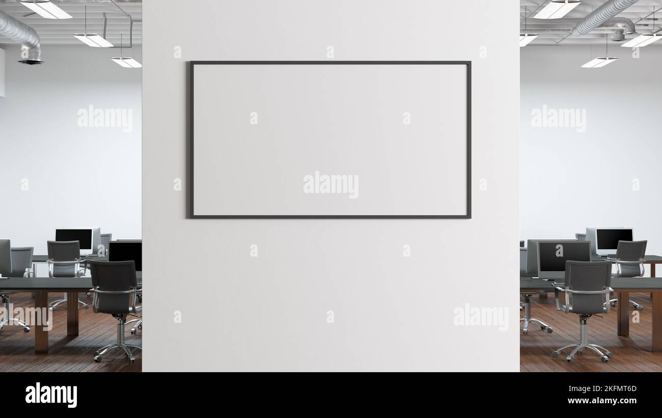Blank horizontal poster mock up on the wall of modern office interior ...