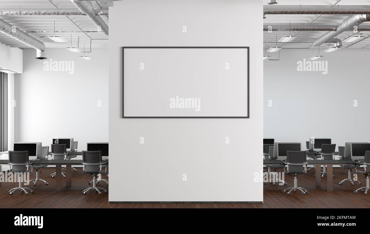 Blank horizontal poster mock up on the wall of modern office interior ...