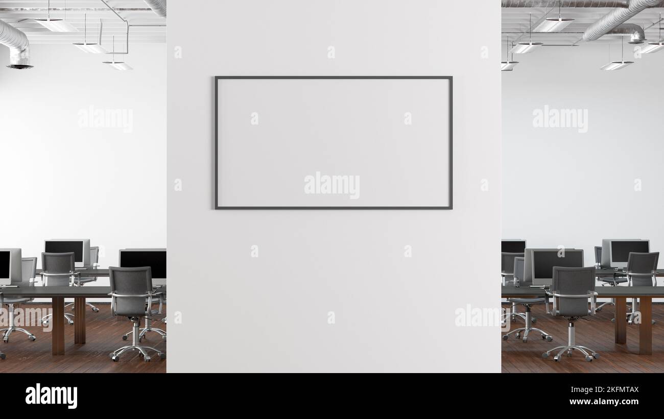 Blank horizontal poster mock up on the wall of modern office interior ...