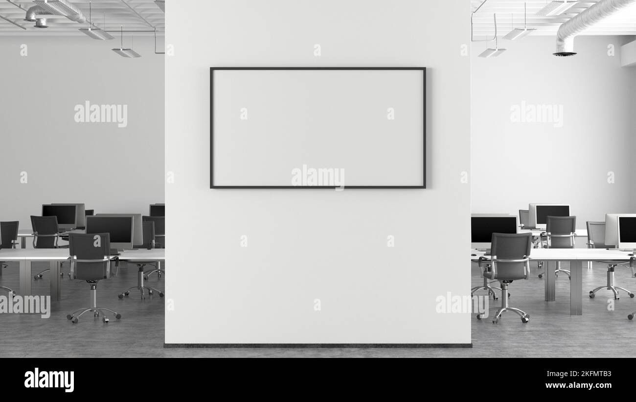 Blank horizontal poster mock up on the wall of modern office interior ...