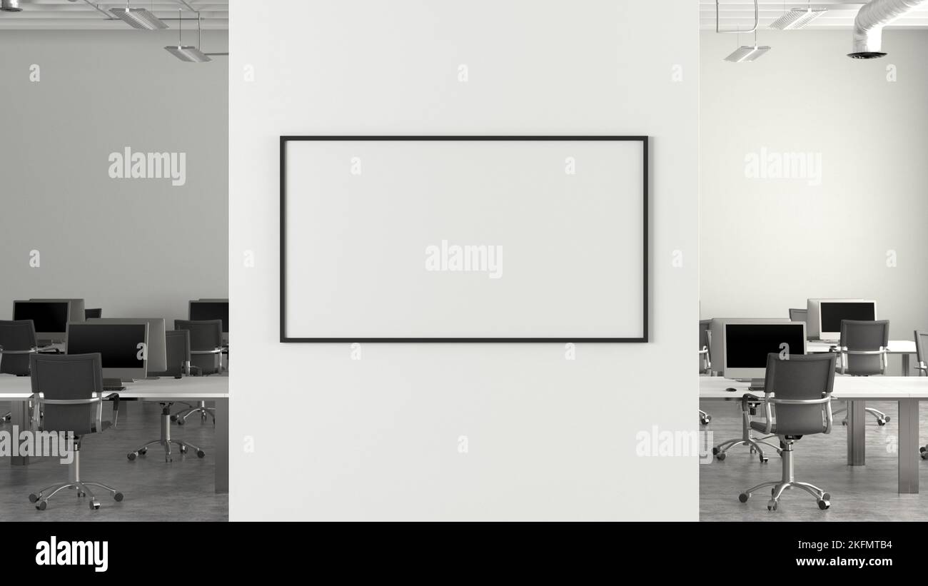 Blank horizontal poster mock up on the wall of modern office interior ...
