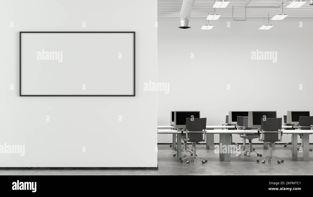 Blank horizontal poster mock up on the wall of modern office interior ...