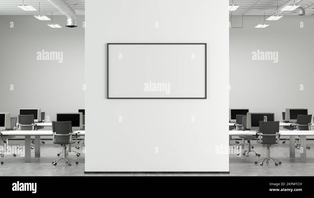 Blank horizontal poster mock up on the wall of modern office interior ...