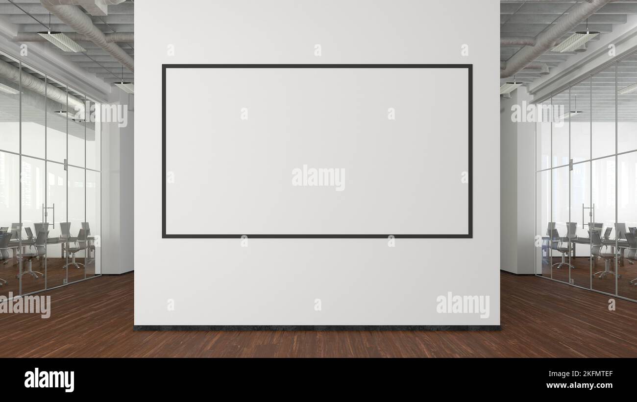 Blank horizontal poster mock up on the wall of modern office interior ...
