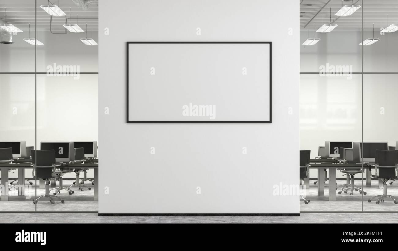 Blank horizontal poster mock up on the wall of modern office interior ...