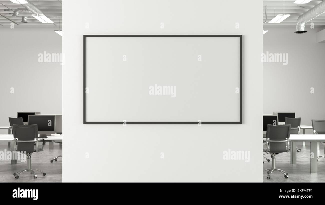 Blank horizontal poster mock up on the wall of modern office interior ...