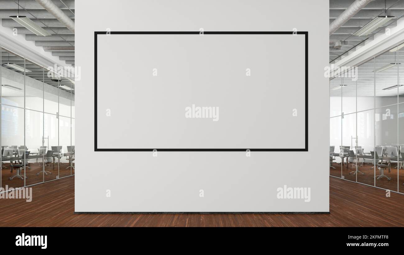 Blank horizontal poster mock up on the wall of modern office interior ...