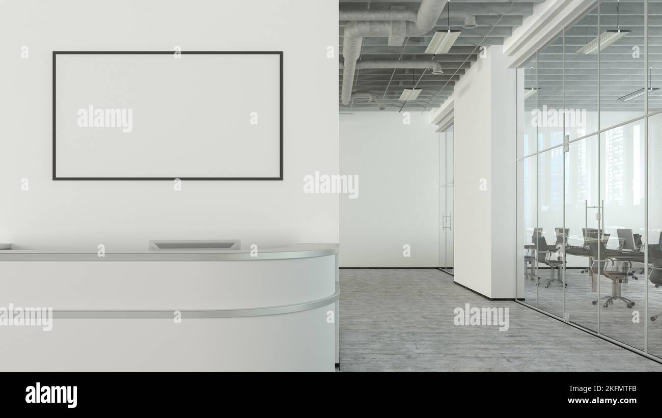 Blank horizontal poster mock up on the wall above office reception desk ...