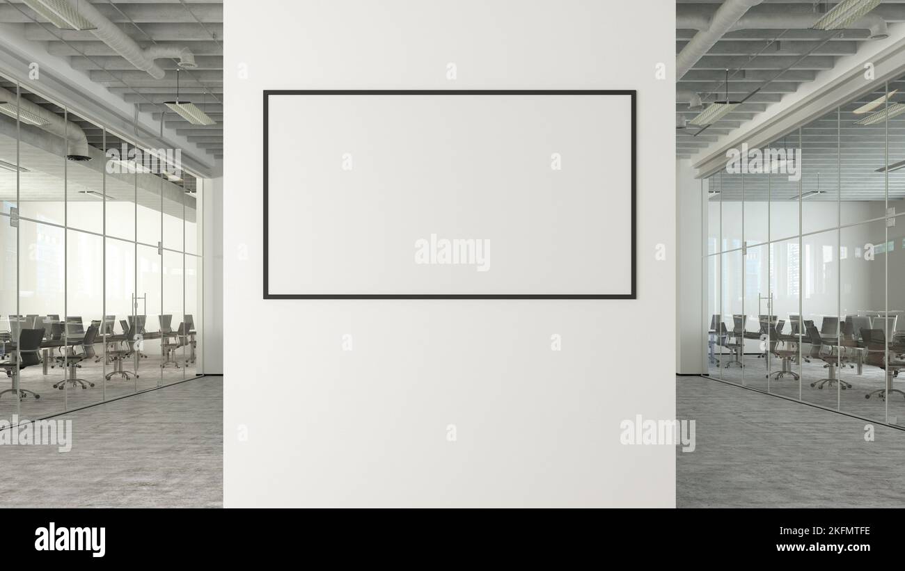 Blank horizontal poster mock up on the wall of modern office interior ...