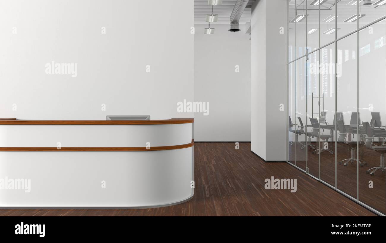 Blank white office wall mock up with office reception desk Stock Photo ...