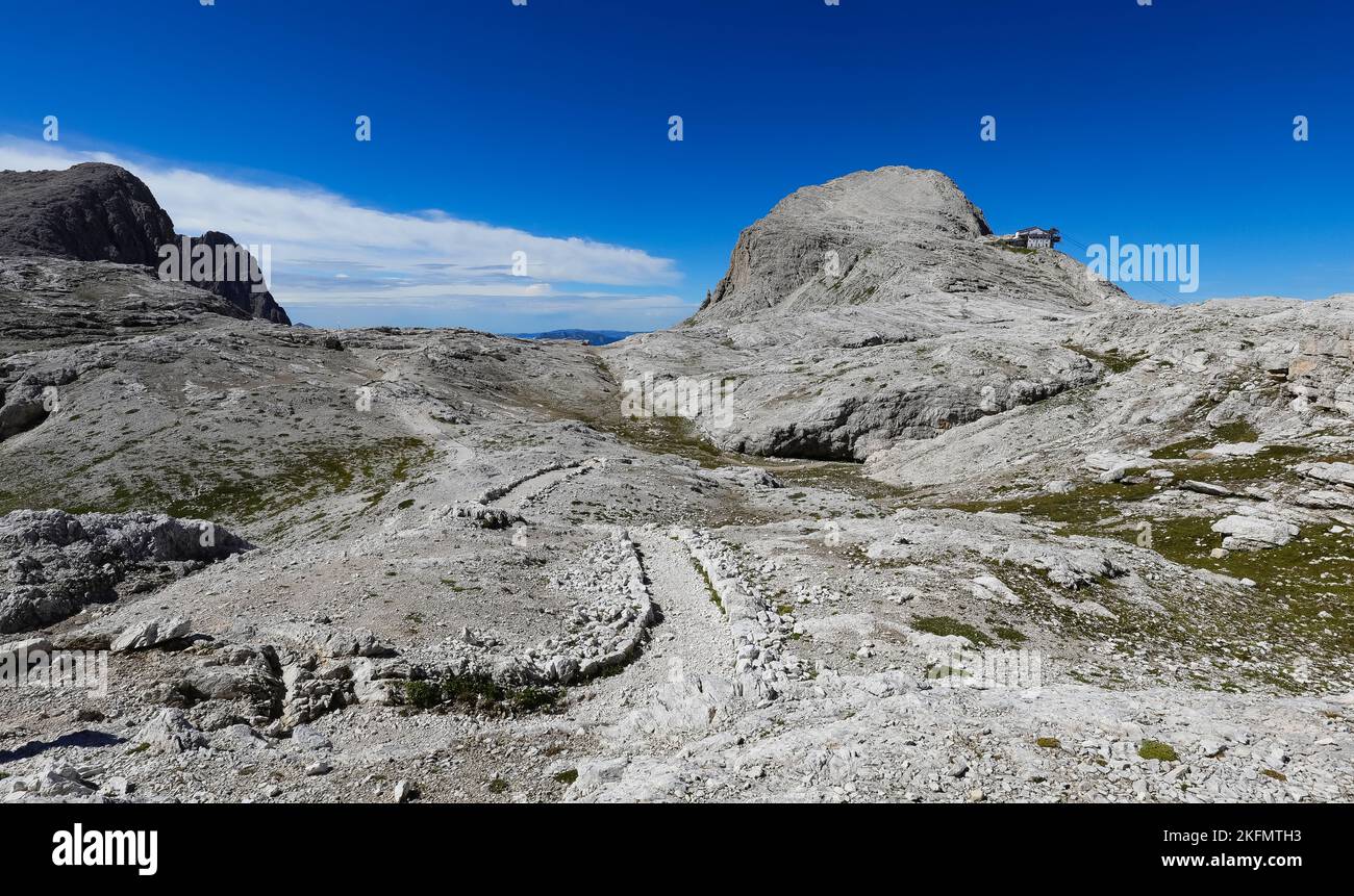 Panorama of the Italian Alps with the alpine refuge called RIFUGIO ...