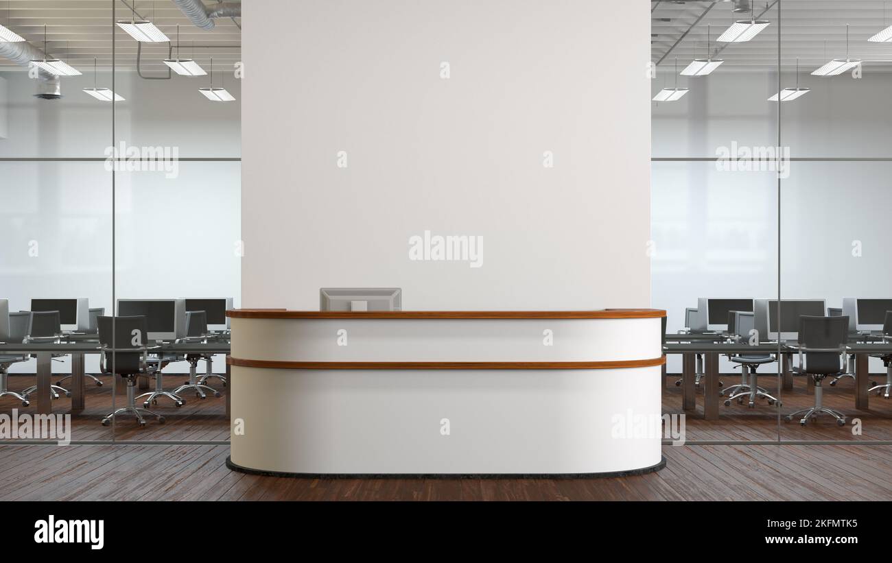 Blank white office wall mock up with office reception desk Stock Photo ...