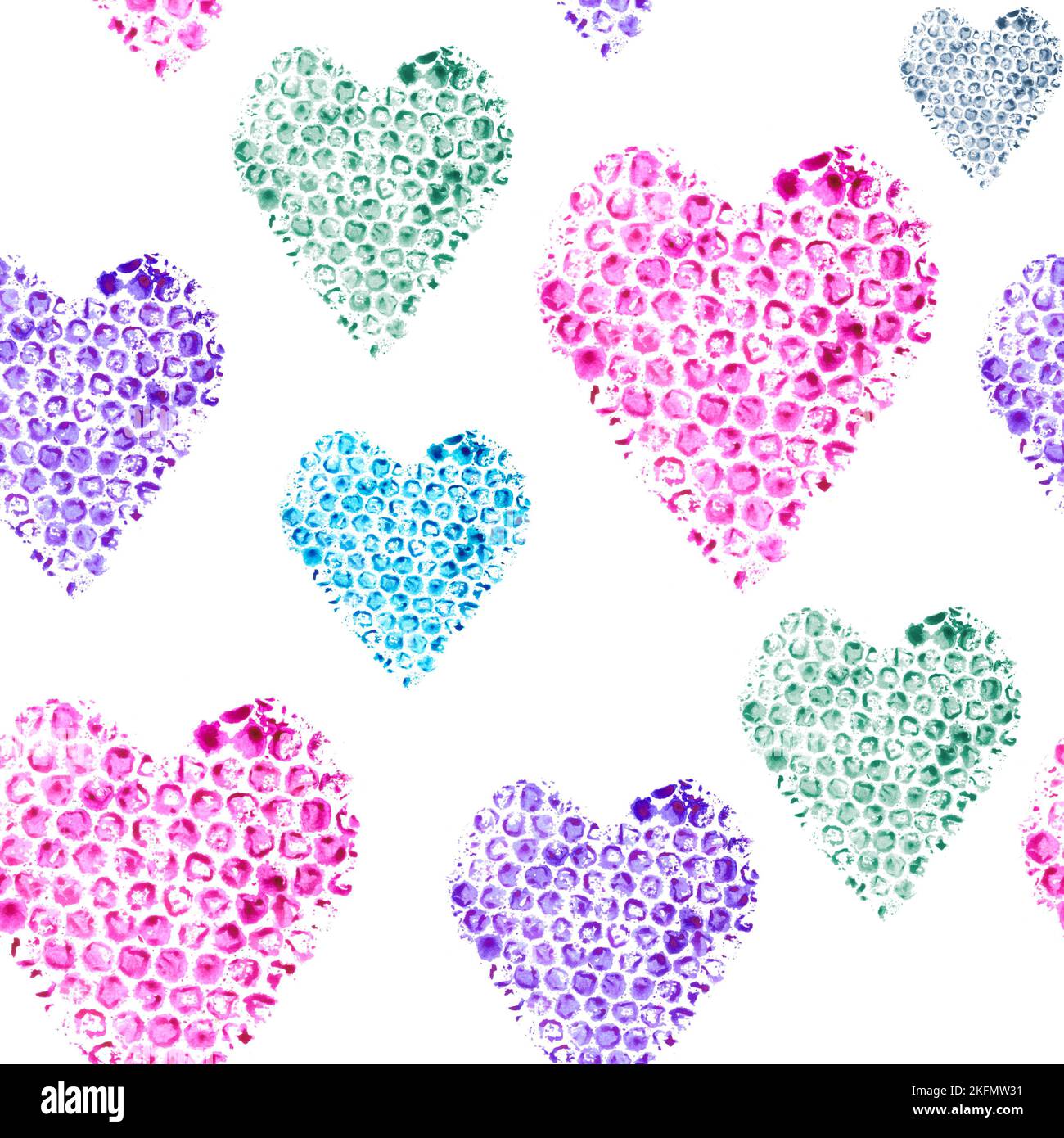 Hand drawn watercolor Valentines seamless pattern with colored stamps ...