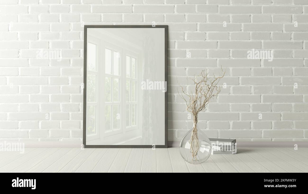 Vertical poster frame mock up on the floor in living room with white ...