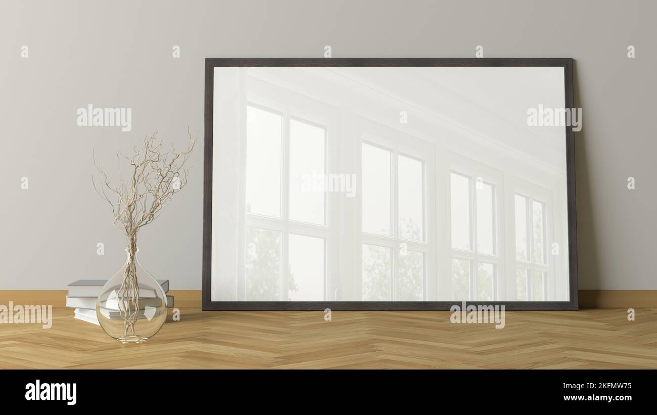 Horizontal poster frame mock up on the floor in living room with wooden ...