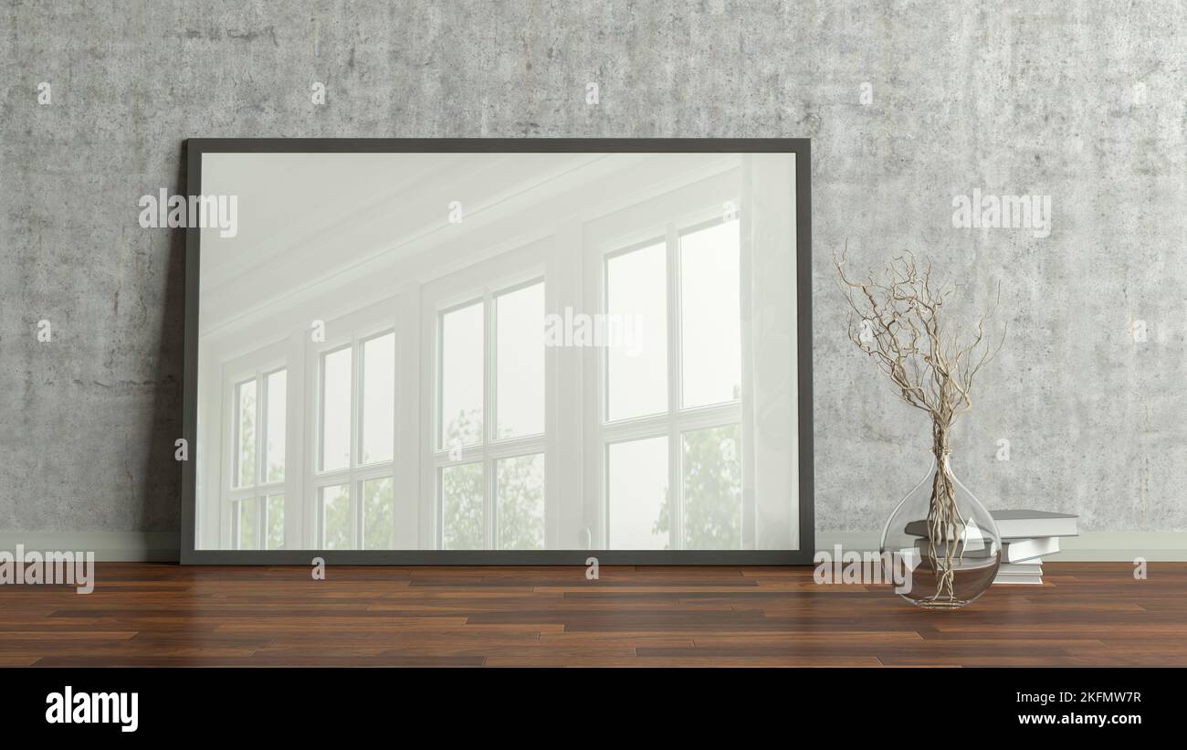 Horizontal poster frame mock up on the floor in living room with wooden ...