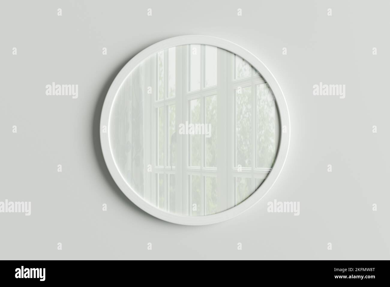 White round frame poster mock up on the white wall. Front view Stock ...