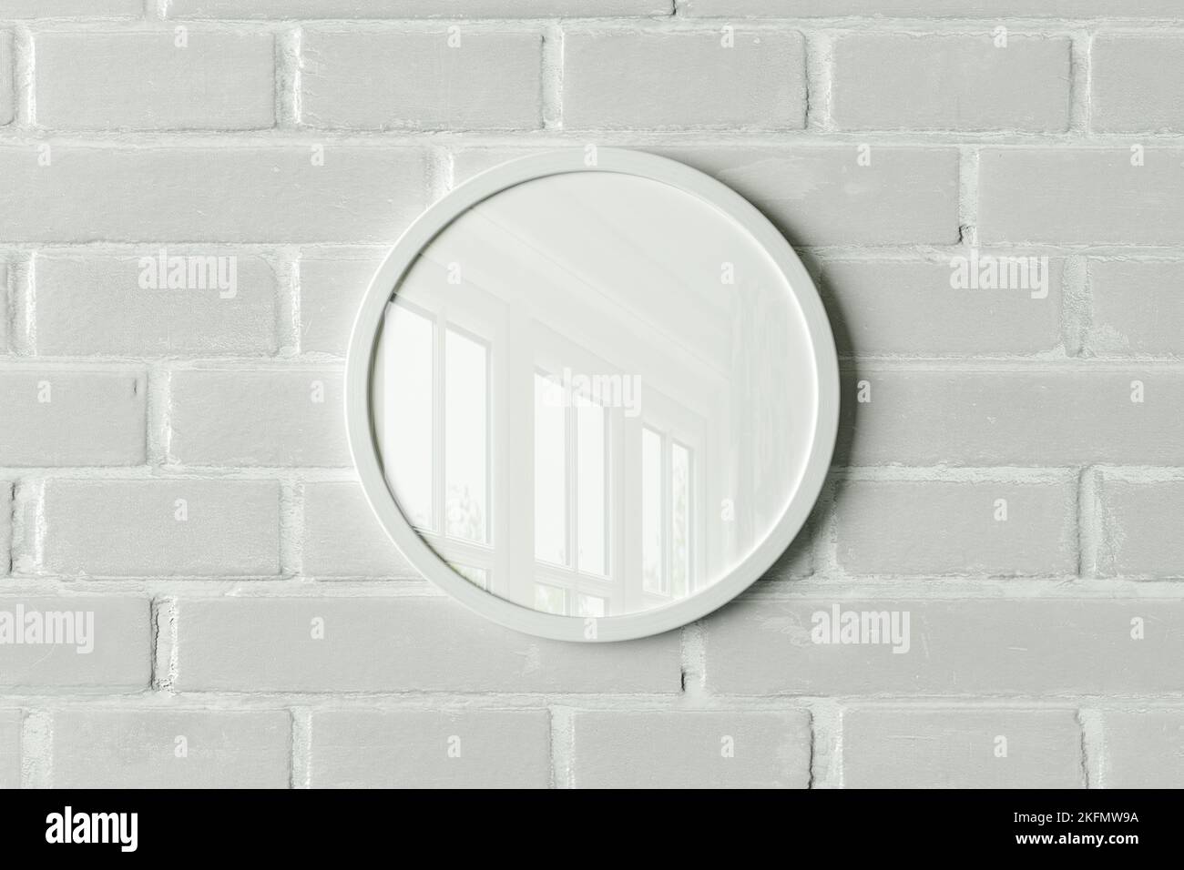 White round frame poster mock up on the white brick wall. Front view ...