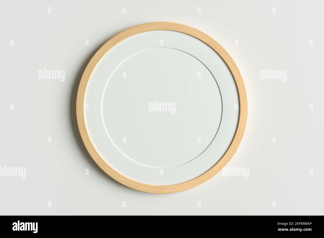 Wooden round frame poster mock up on the white wall. Front view Stock ...