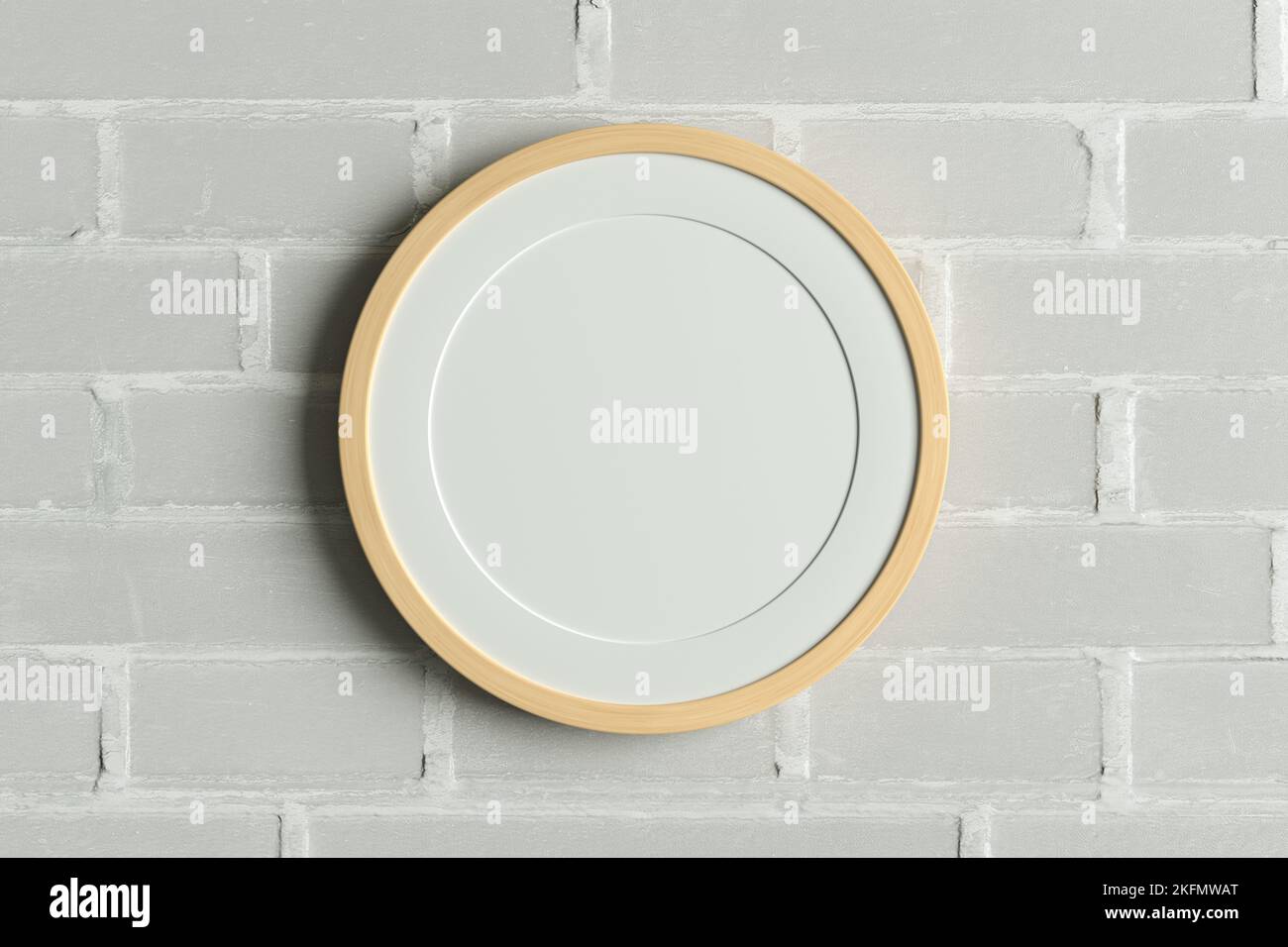 Wooden round frame poster mock up on the white brick wall. Front view ...