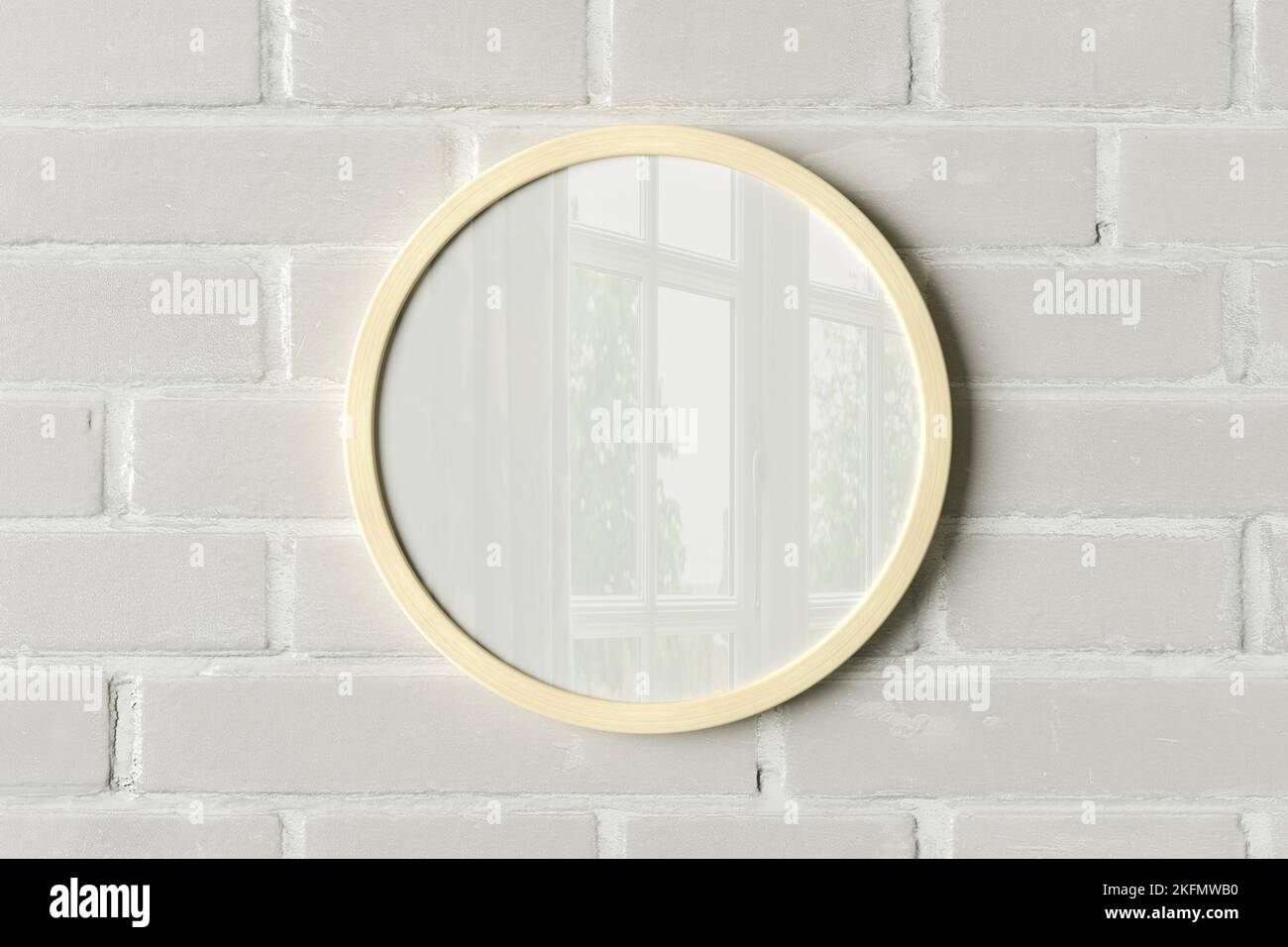 Wooden round frame poster mock up on the white brick wall. Front view ...