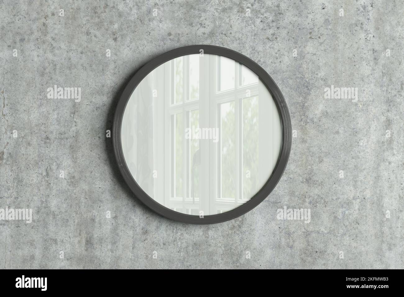 Dark wooden round frame poster mock up on the concrete wall. Front view ...