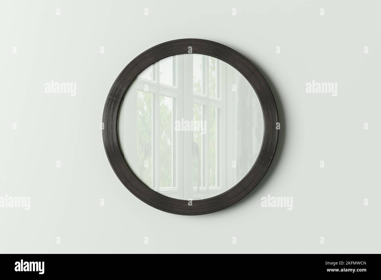Dark wooden round frame poster mock up on the white wall. Front view ...