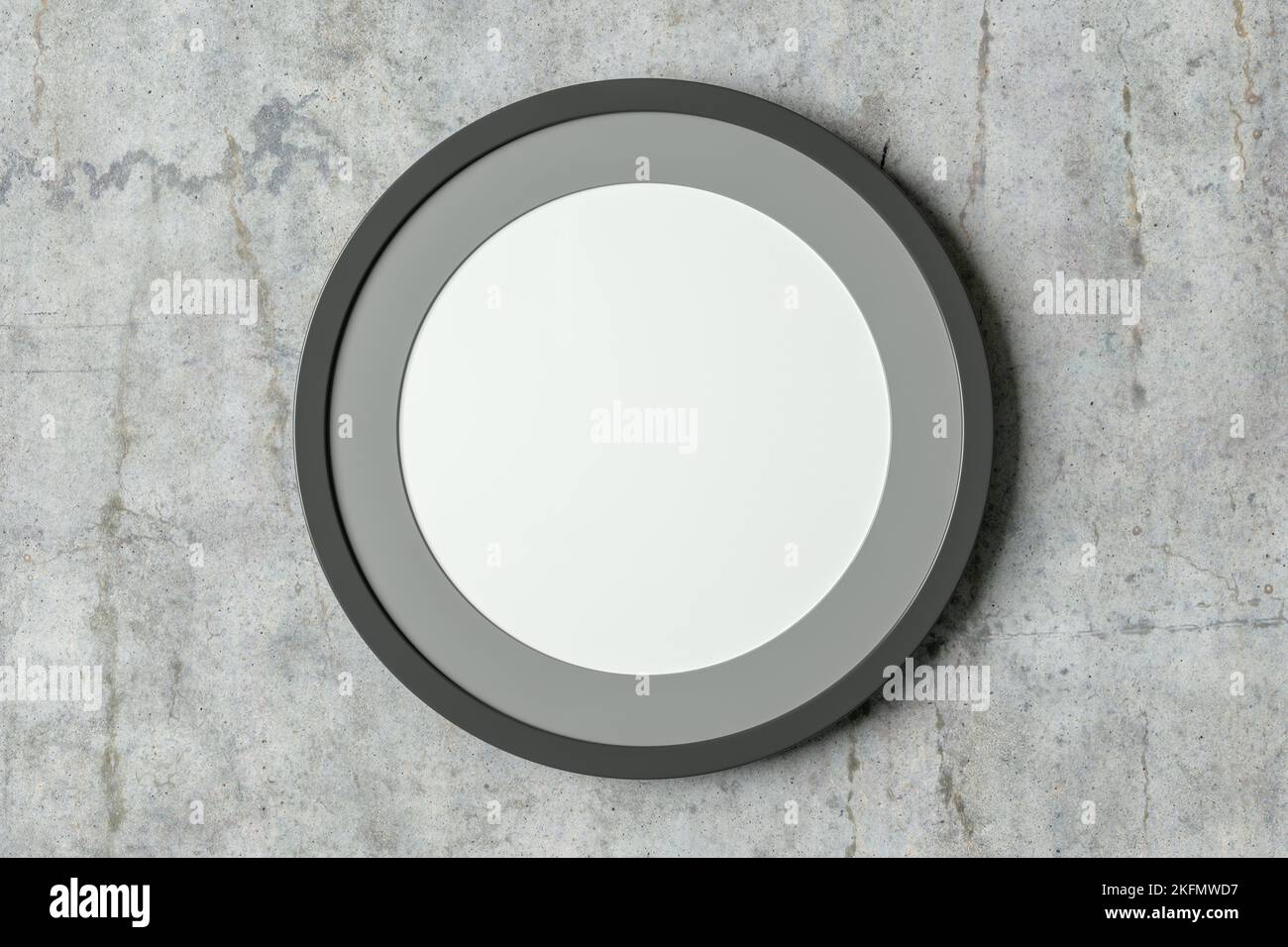 Dark wooden round frame poster mock up on the concrete wall. Front view ...