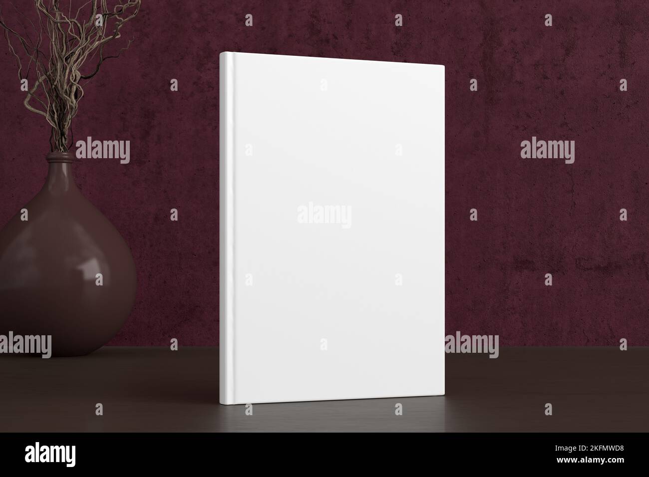 Vertical book cover mock up standing on a dark wooden desk with purple ...