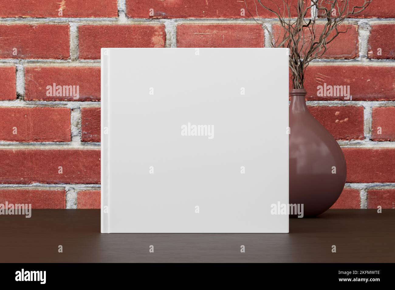 Square book cover mock up standing on a dark wooden desk with red brick ...