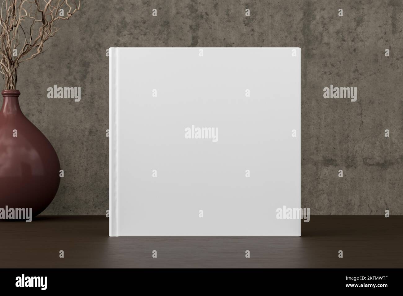 Square book cover mock up standing on a dark wooden desk with concrete ...