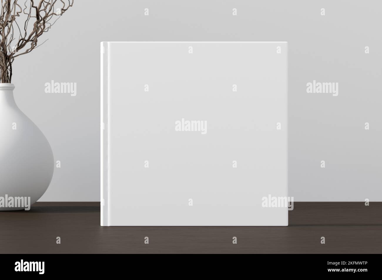 Square book cover mock up standing on a dark wooden desk with white ...