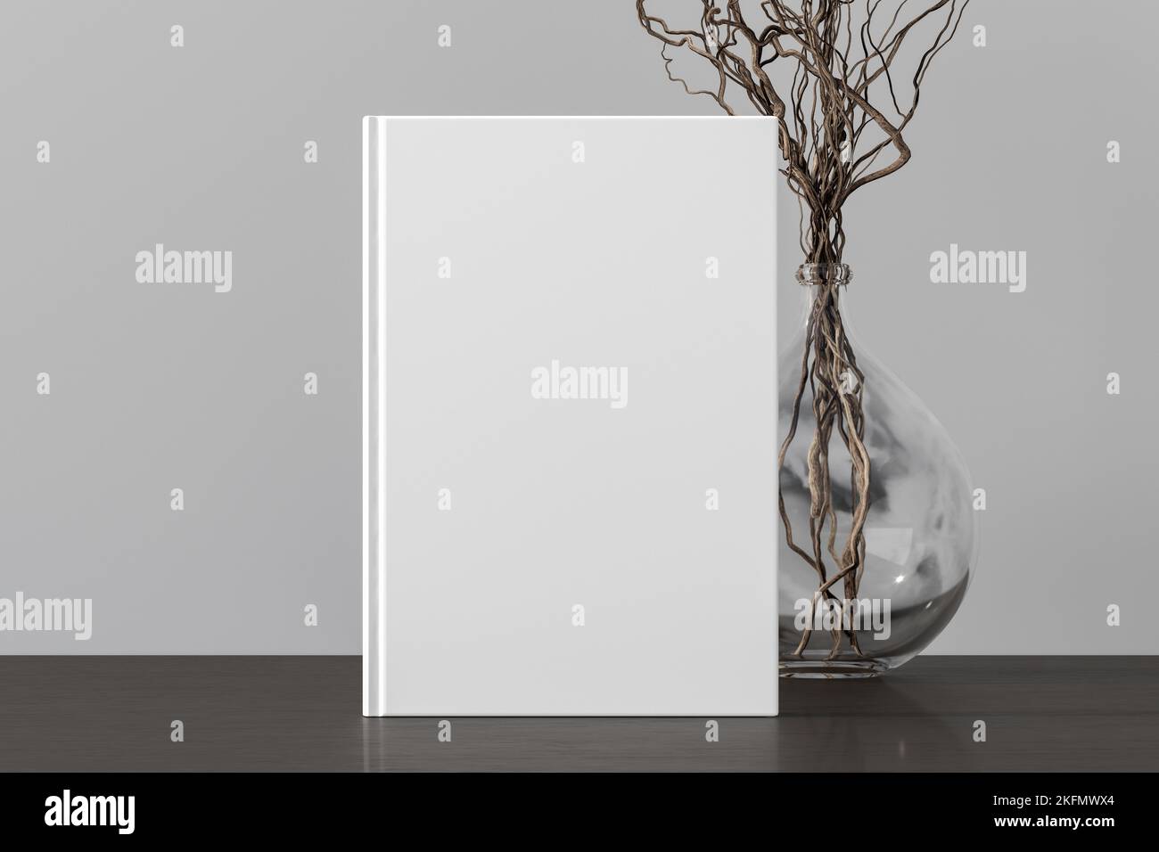 Vertical book cover mock up standing on a dark wooden desk with white ...