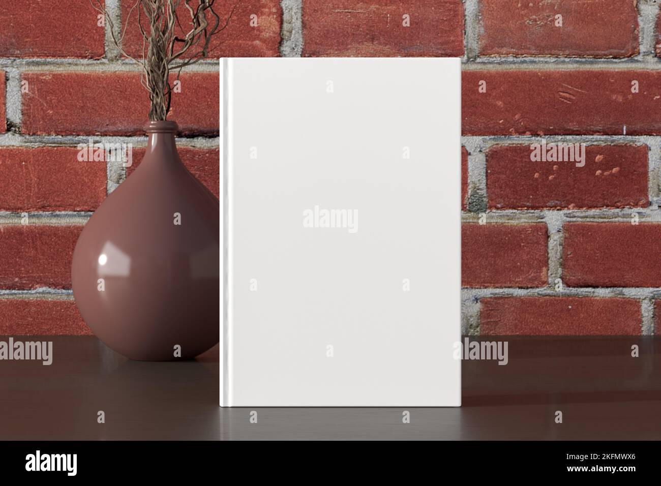 Vertical book cover mock up standing on a dark wooden desk with red ...