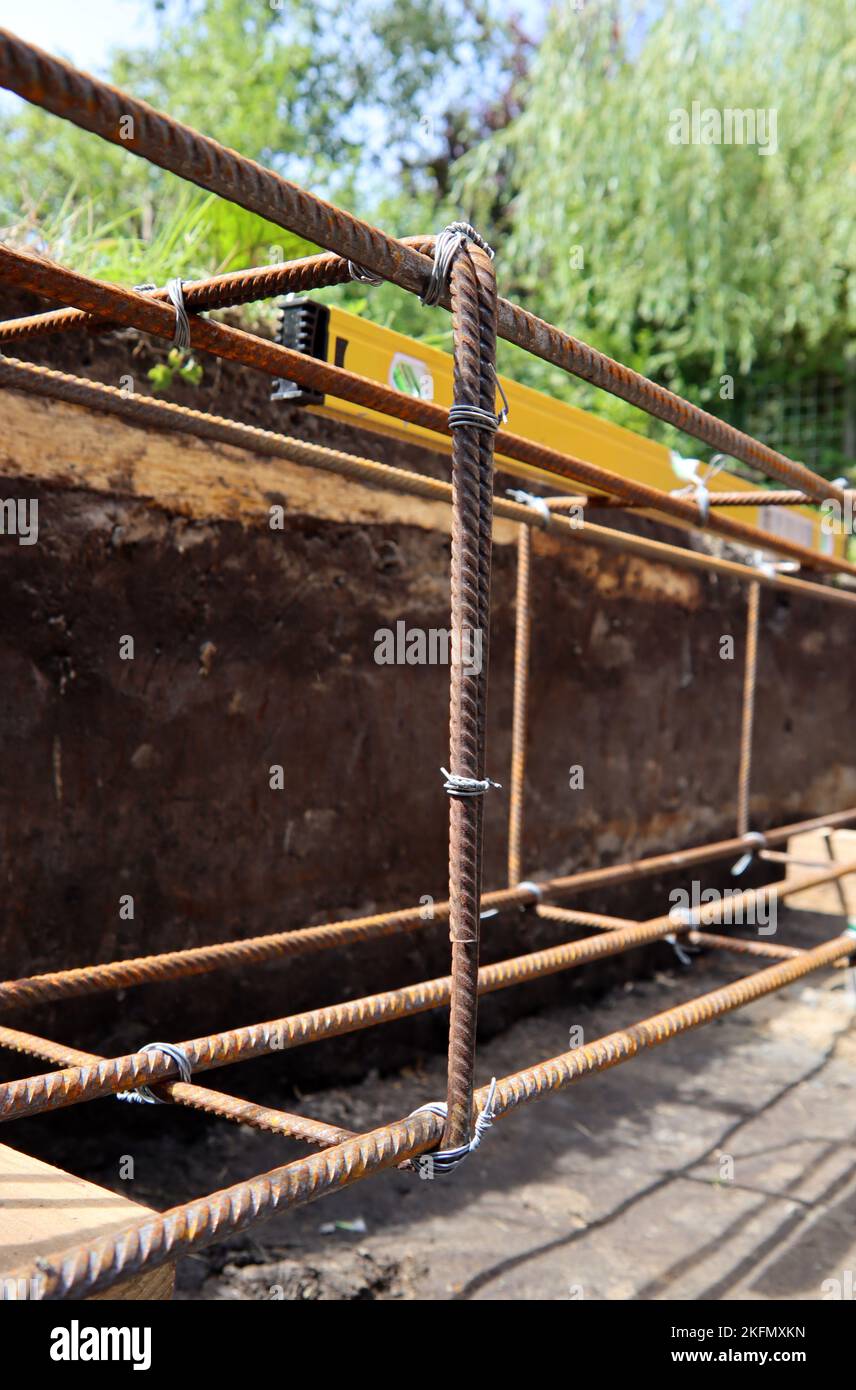 Reinforcement steel frame close up photo. Construction project in ...