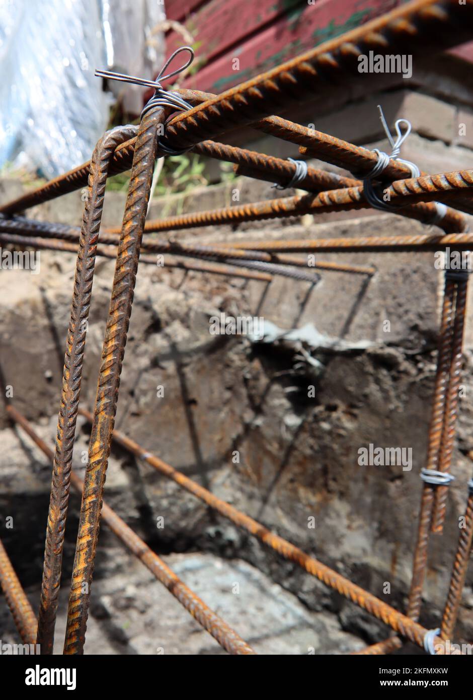 Reinforcement steel frame close up photo. Construction project in ...