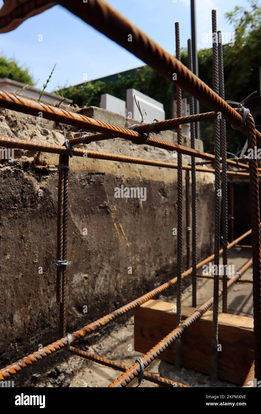 Reinforcement steel frame close up photo. Construction project in ...
