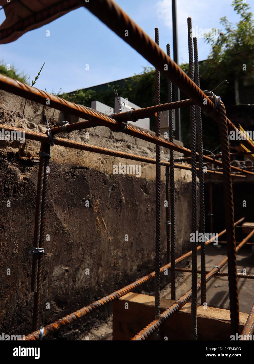 Reinforcement steel frame close up photo. Construction project in ...