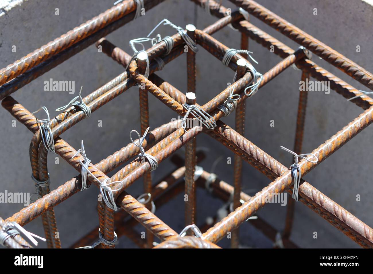 Reinforcement steel frame close up photo. Construction project in ...