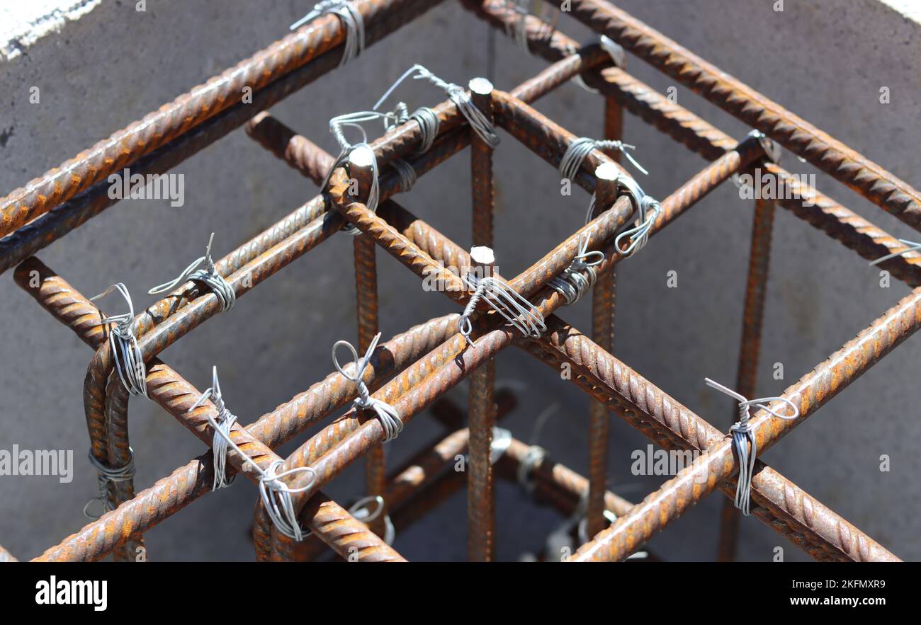 Reinforcement steel frame close up photo. Construction project in ...