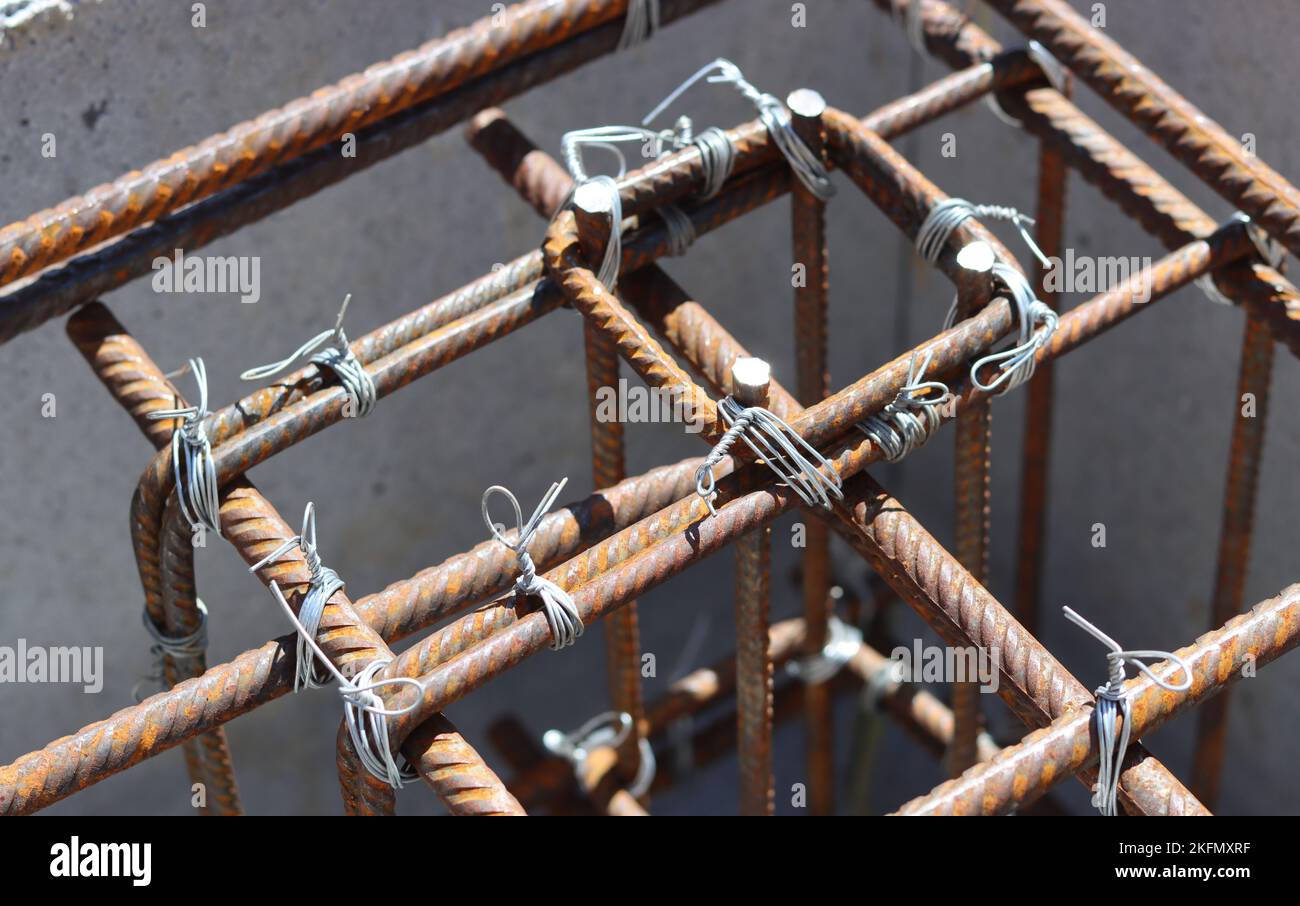 Reinforcement steel frame close up photo. Construction project in ...