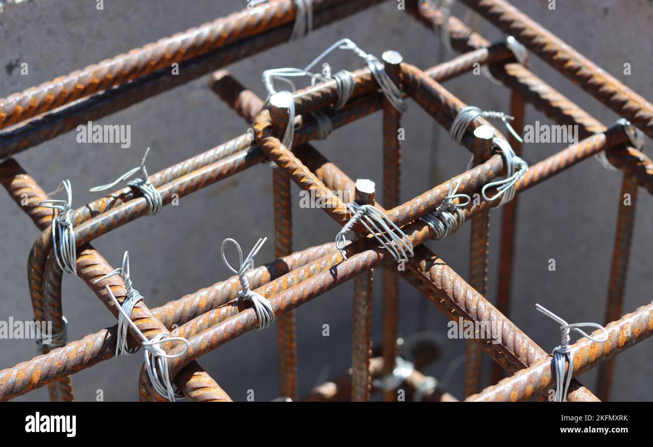 Reinforcement steel frame close up photo. Construction project in ...