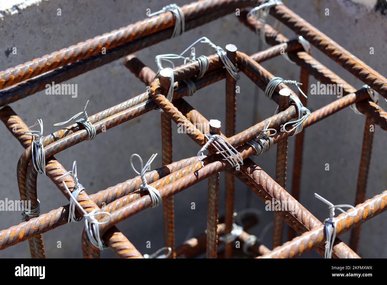 Reinforcement steel frame close up photo. Construction project in ...