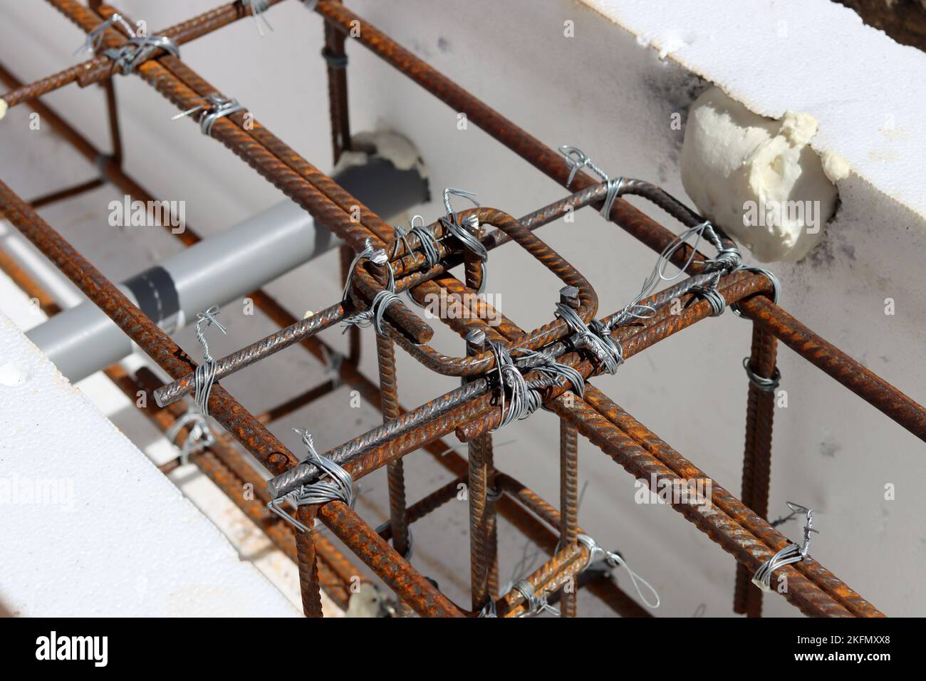 Reinforcement steel frame close up photo. Construction project in ...